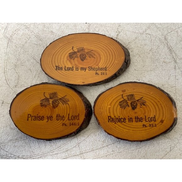 Accents | Lot Of 3 Tree Slice Plaques Religious Wall Decor Praise Ye ...